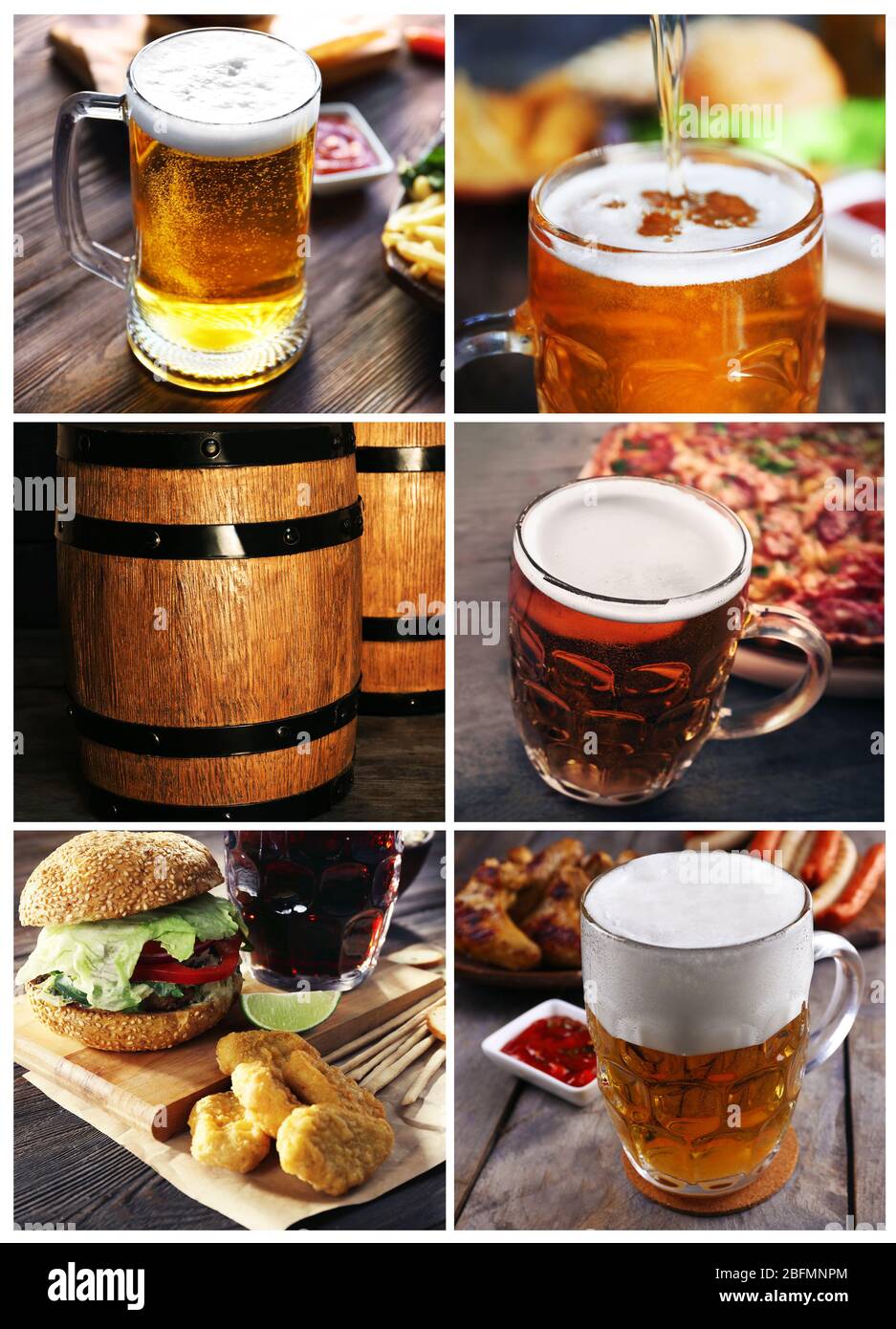 Collage with glasses of beer with food, on table on wooden background ...
