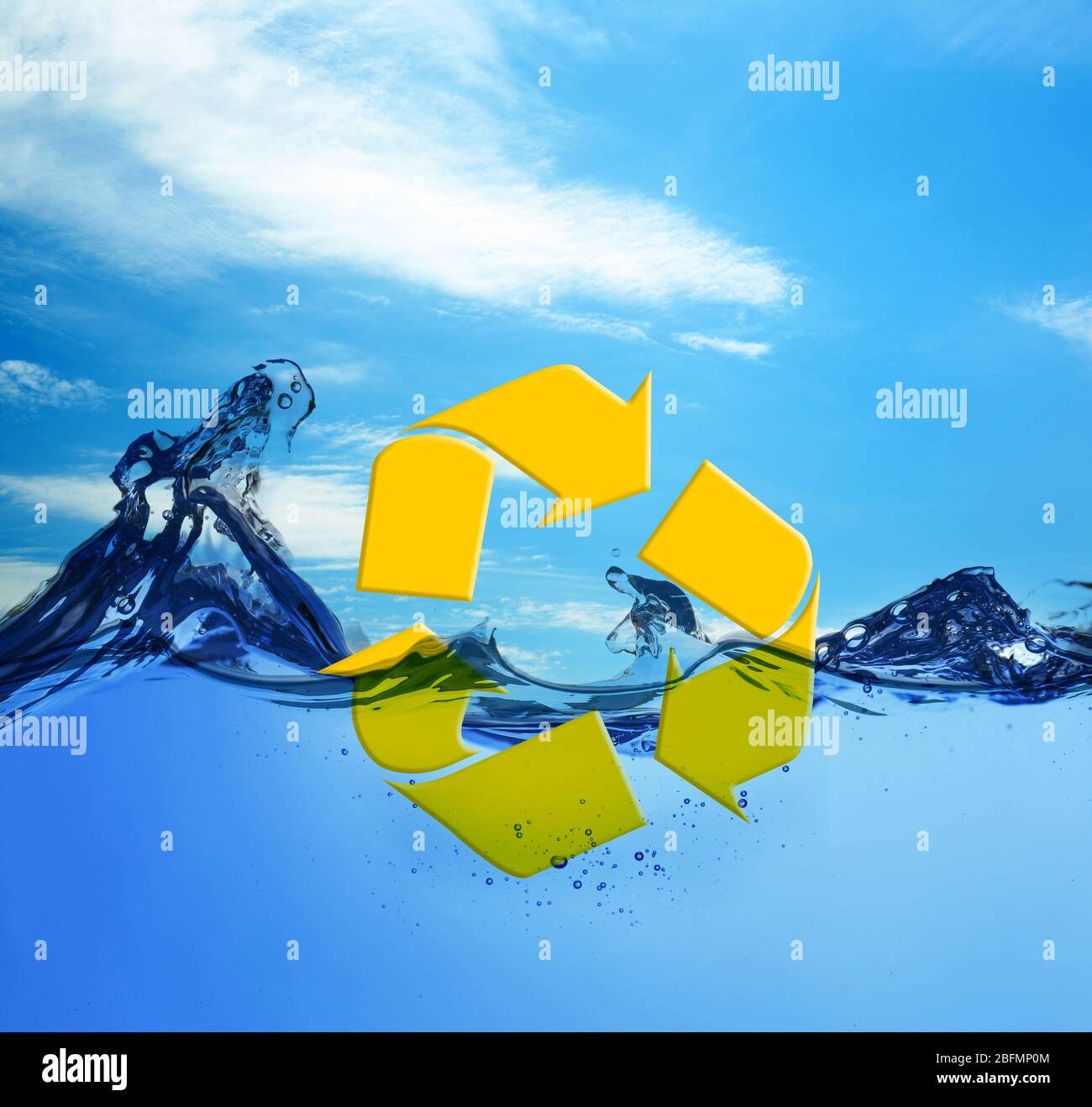 Recycling symbol in water and on cloudy sky background Stock Photo - Alamy