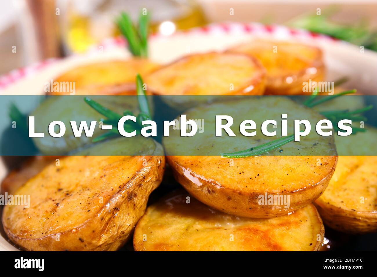 Homemade fried potato on plate and text Low Carb Recipes close up Stock ...