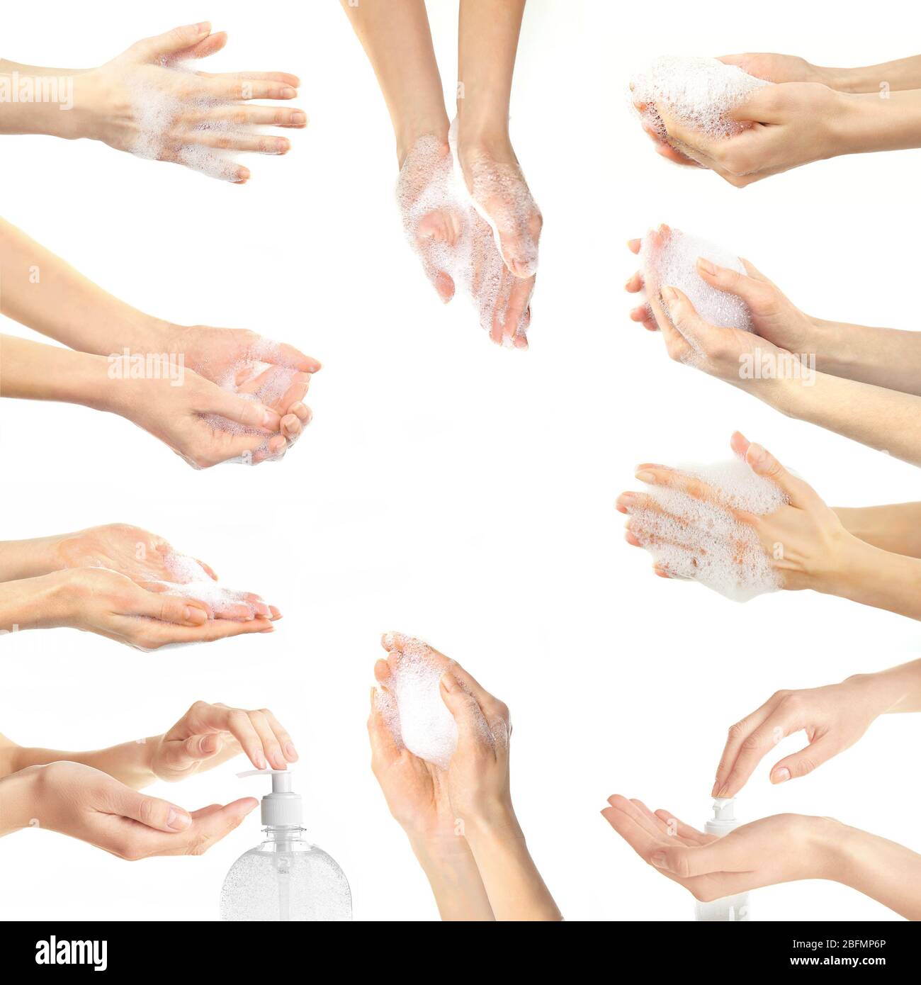 Collage with young beautiful washing hands, isolated on white Stock ...