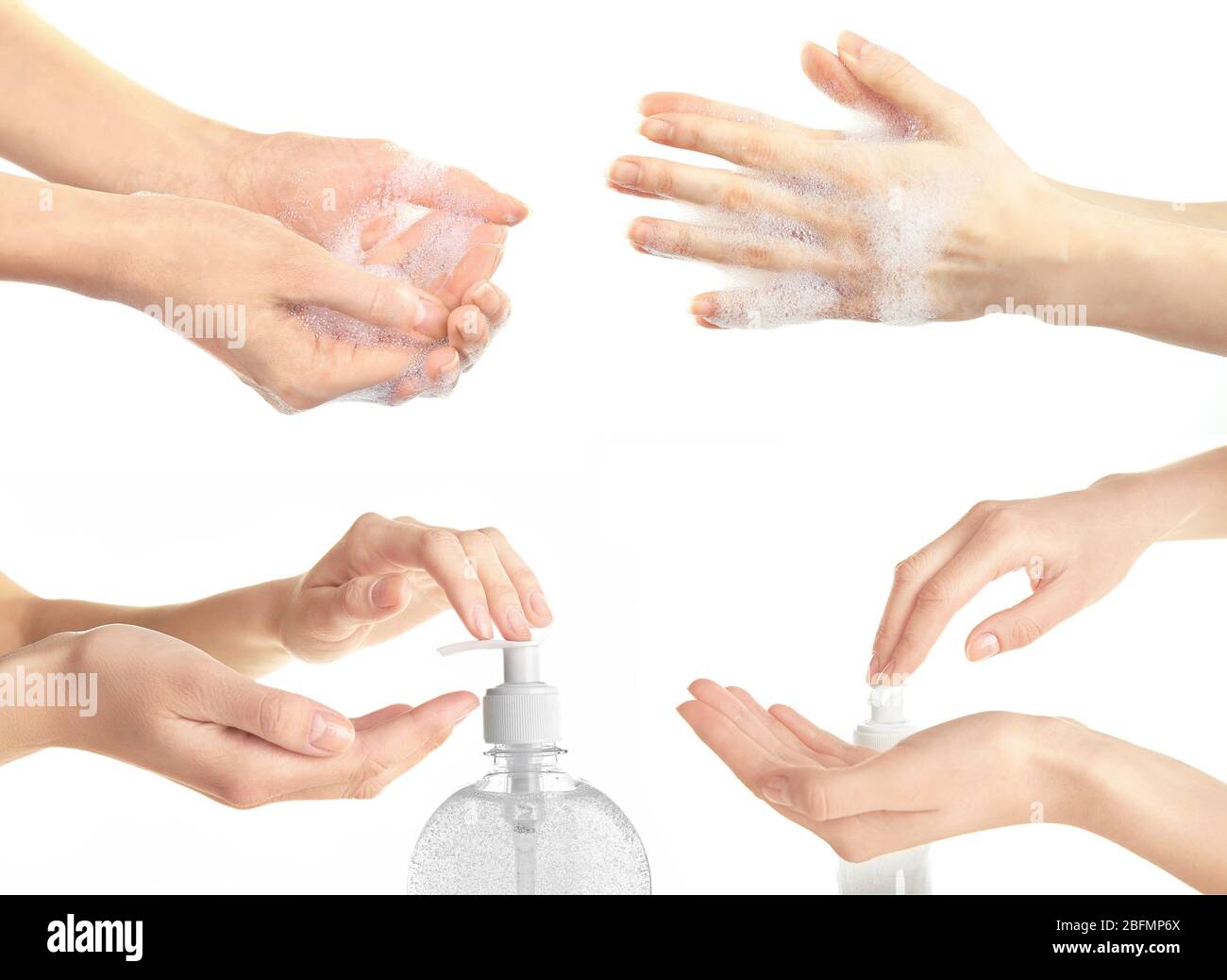 Collage with young beautiful washing hands, isolated on white Stock ...
