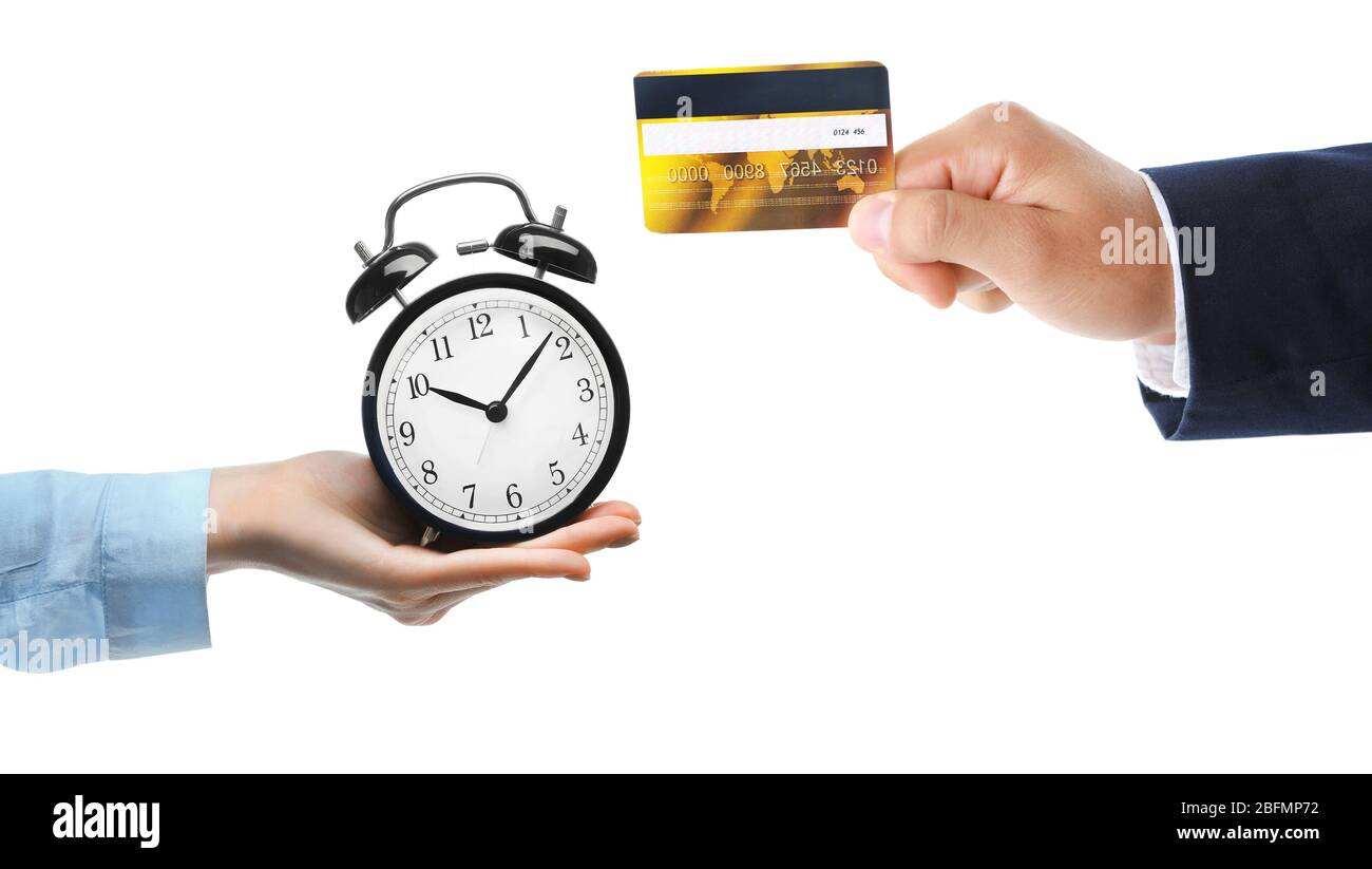 Time is money. Buying time. Hand with credit card and hand with alarm ...
