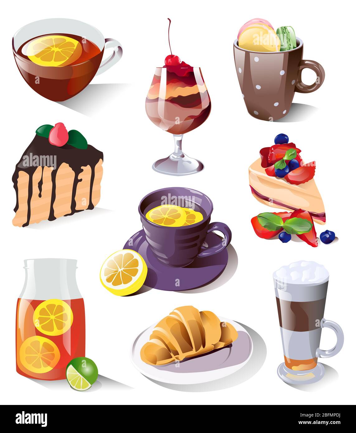 Collection of desserts, sweets and drinks isolated on white Stock Photo ...