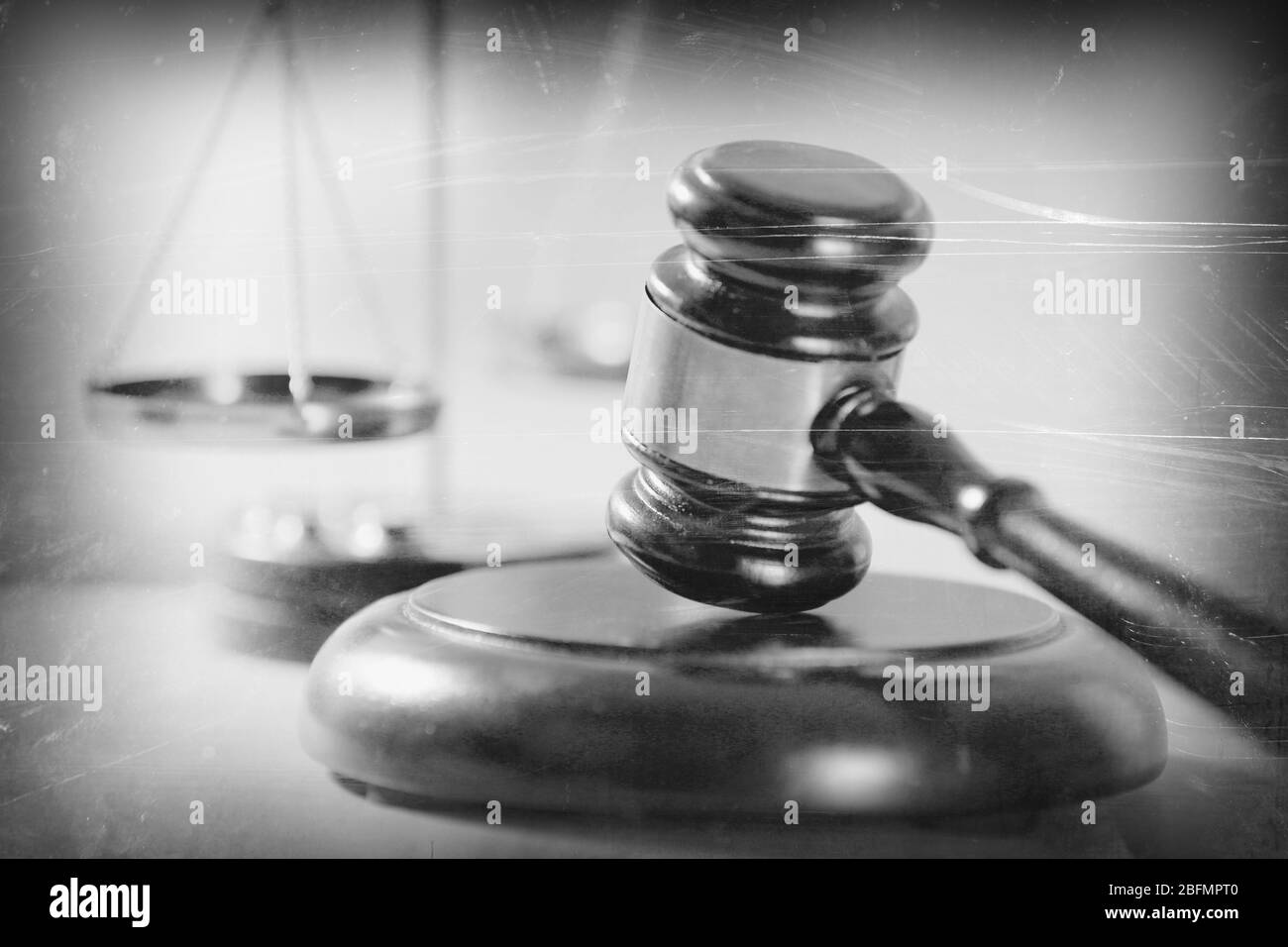 Wooden judges gavel on wooden table, close up. Retro stylization Stock ...