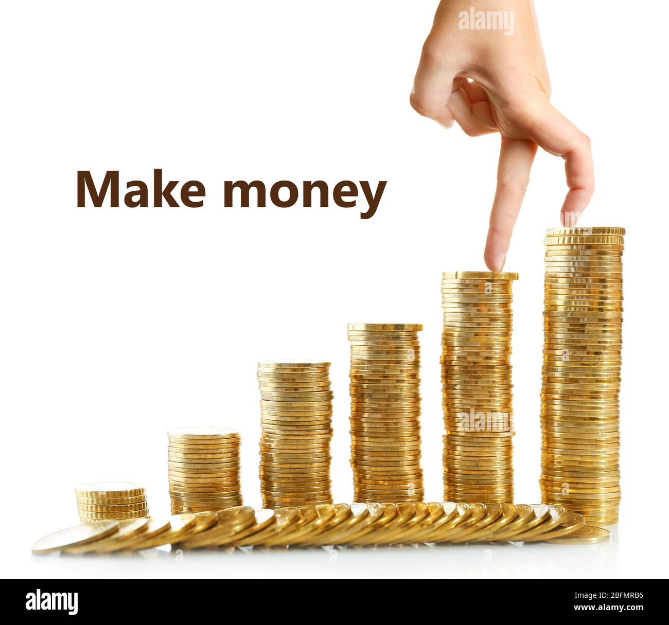 Financial success concept. Female fingers going up of coins, isolated ...