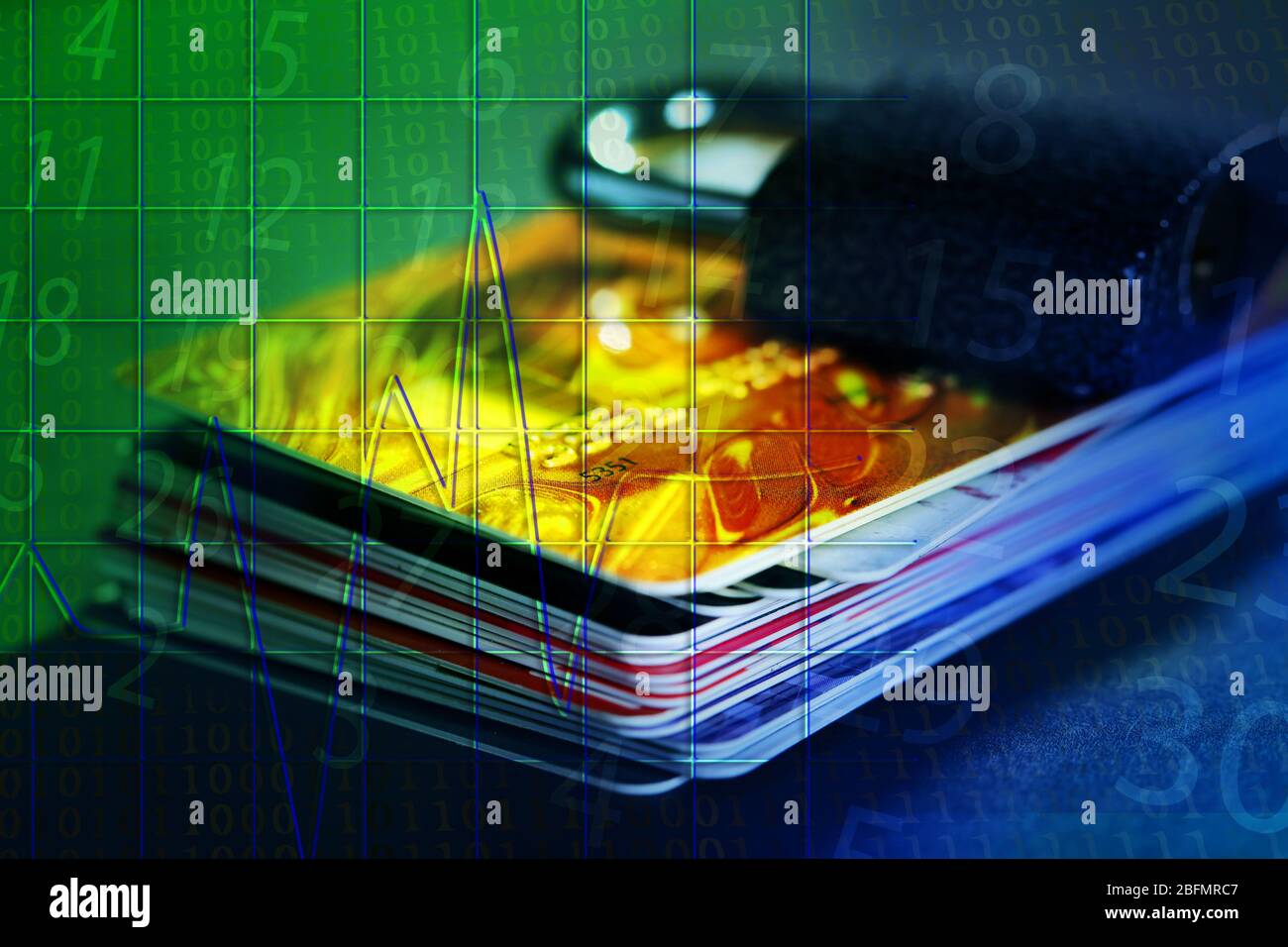 Concept of saving money - lock with credit cards on black background ...