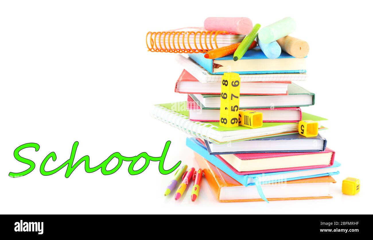 Stack of books and stationery isolated on white Stock Photo - Alamy