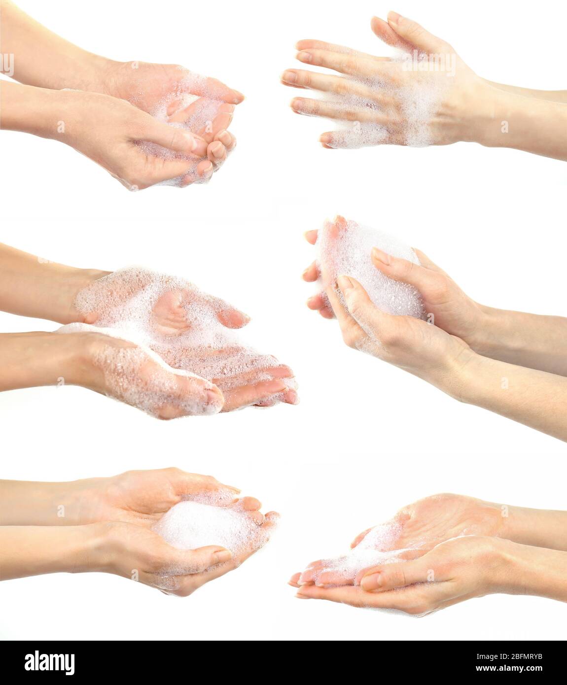 Collage with young beautiful washing hands, isolated on white Stock ...