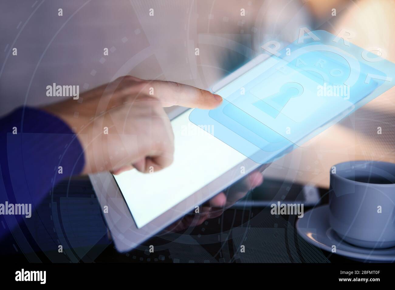 Man working with tablet-pc and icon security on virtual display ...