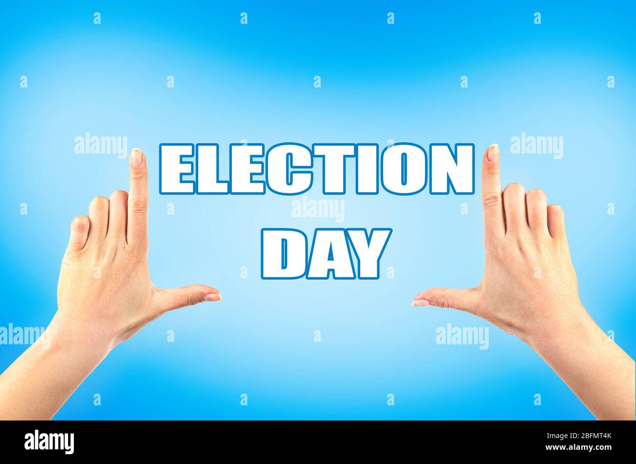 Human hands and text Election Day on blue background Stock Photo - Alamy