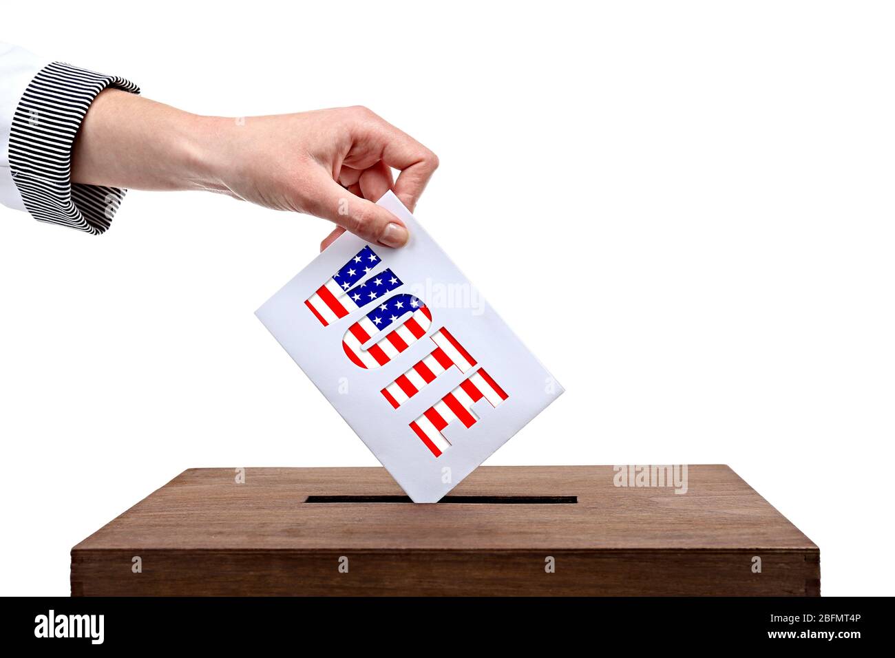 Human hand inserting bulletin in ballot box isolated on white Stock ...