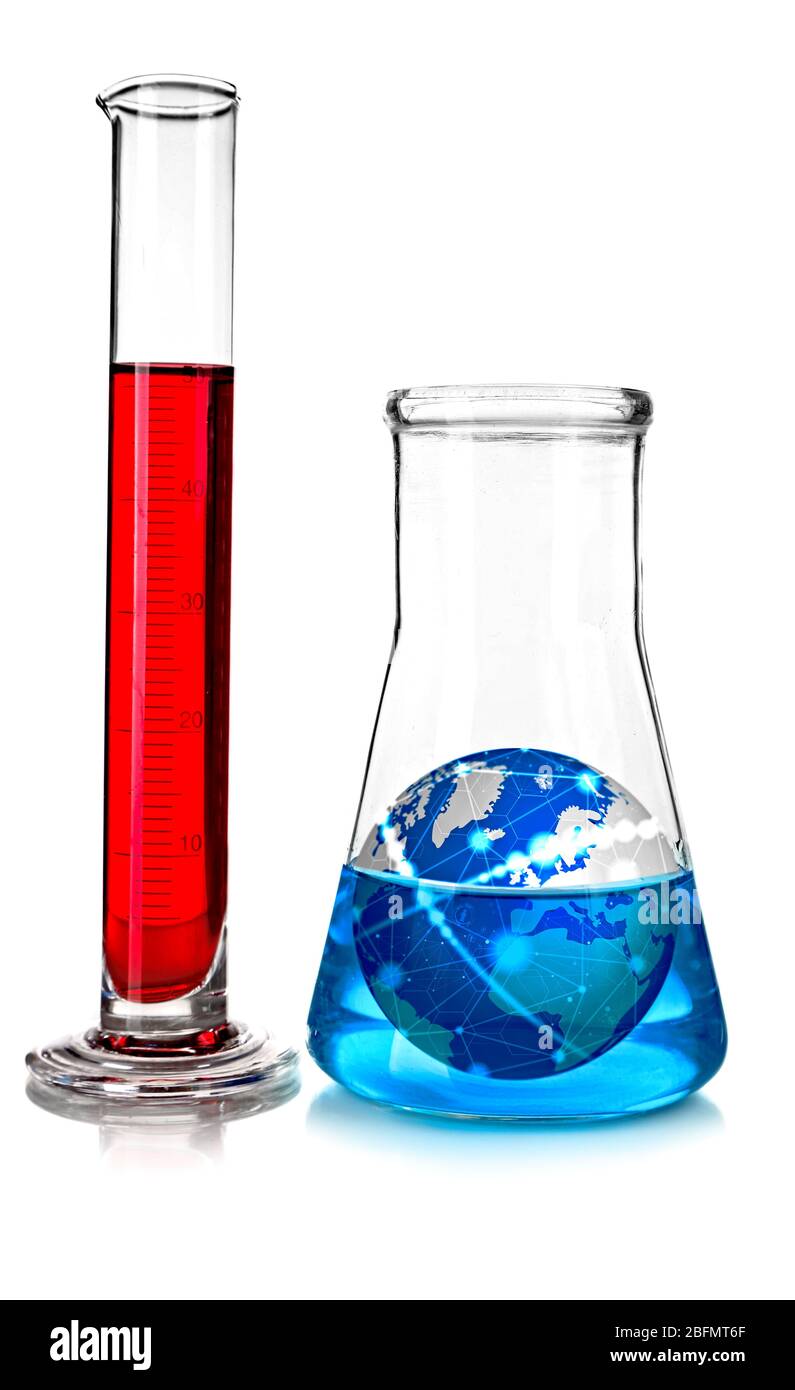 Flask with blue fluid and small Earth planet inside and flask with red ...