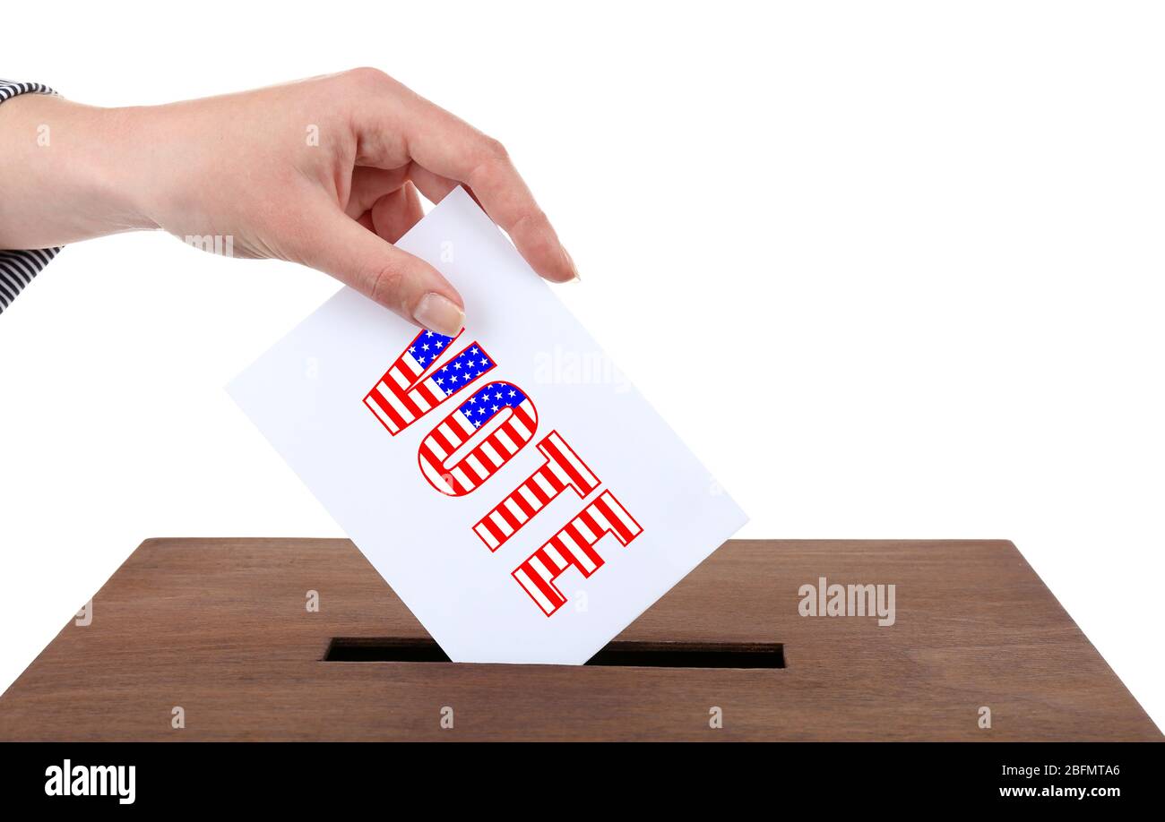 Human hand inserting bulletin in ballot box isolated on white Stock ...