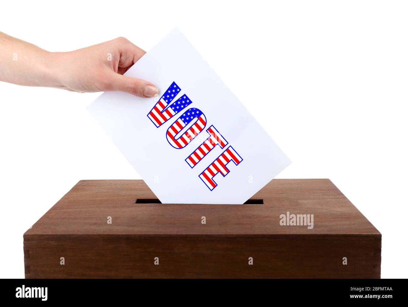 Human hand inserting bulletin in ballot box isolated on white Stock ...