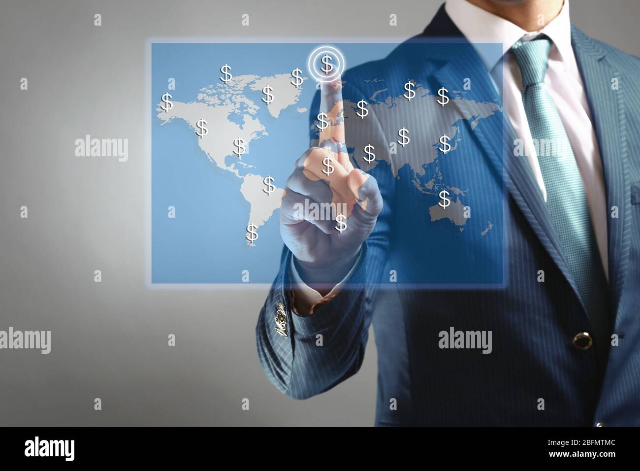 Businessman pressing business type of modern buttons with virtual ...