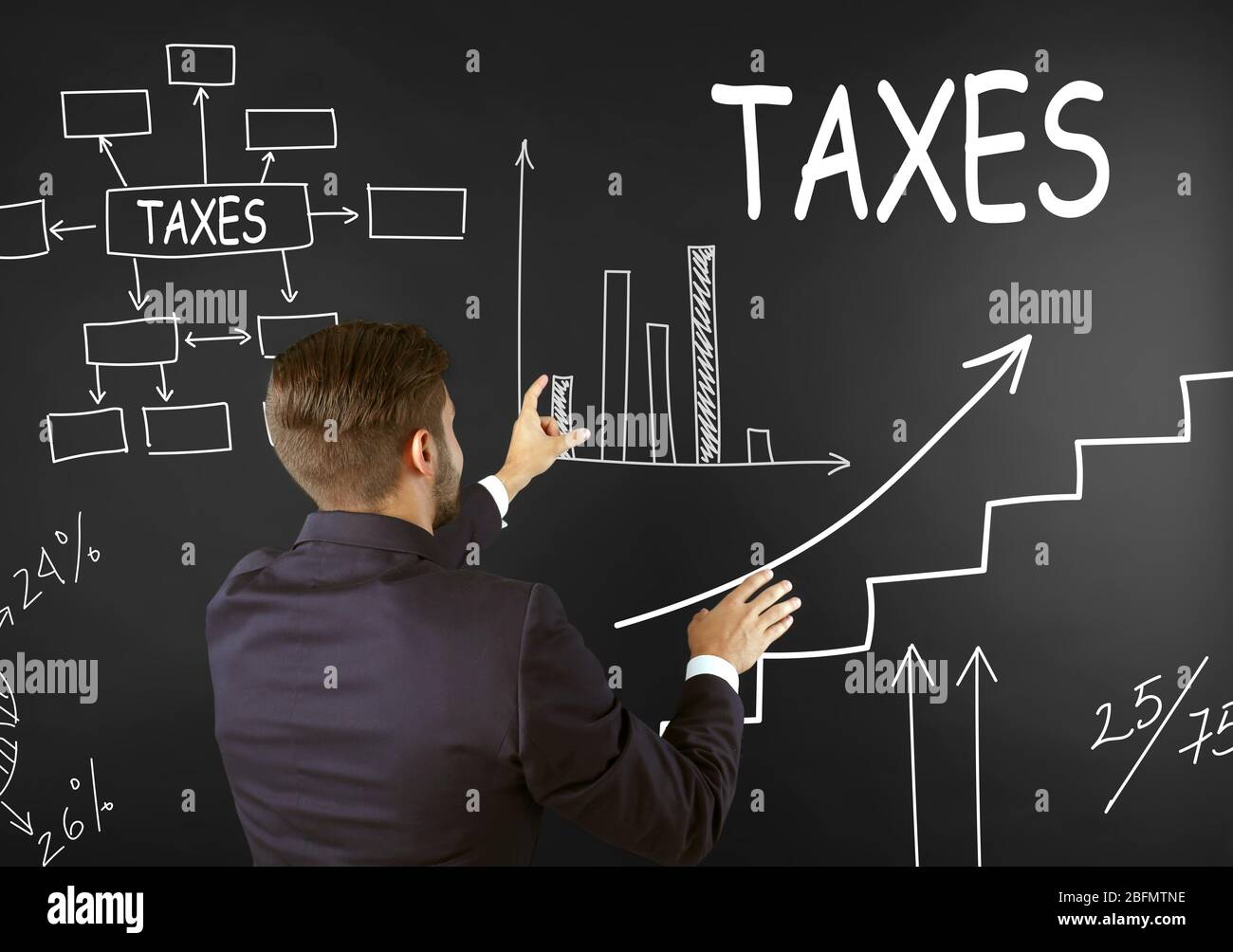 Tax Concept. Back view of Caucasian young man pointing on grey ...