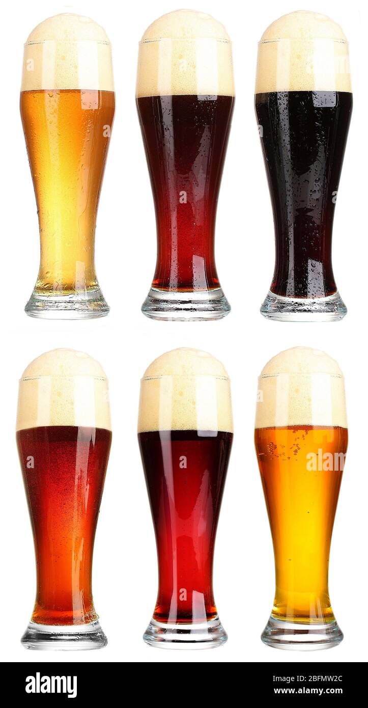 Different types of beer in glasses, isolated on white Stock Photo - Alamy