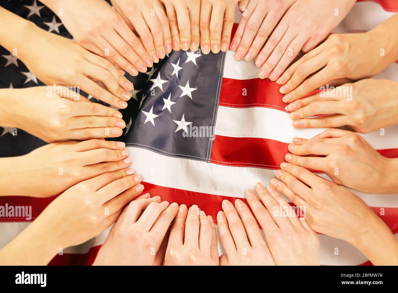 Group of fingers forming circle on USA National Flag background Stock ...