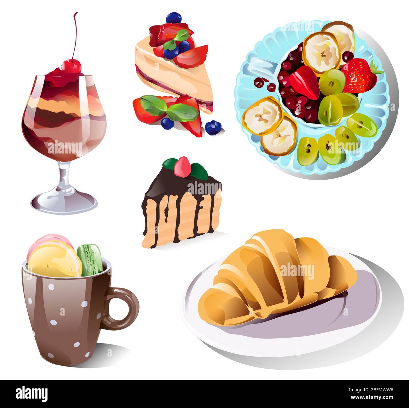 Collection of desserts, sweets and drinks isolated on white Stock Photo ...