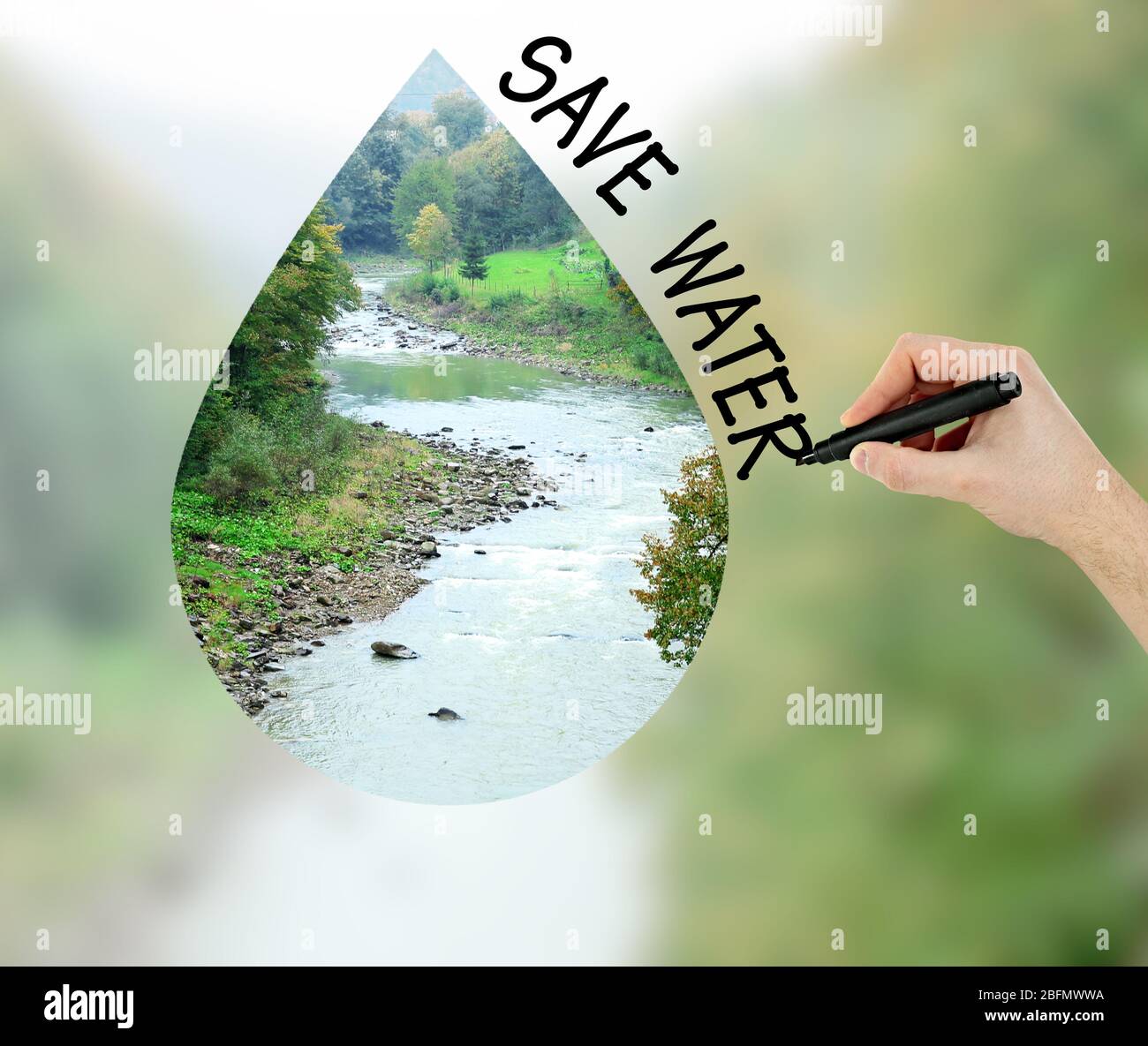 Save water concept. Mountain river in drop-shaped frame, text and hand ...