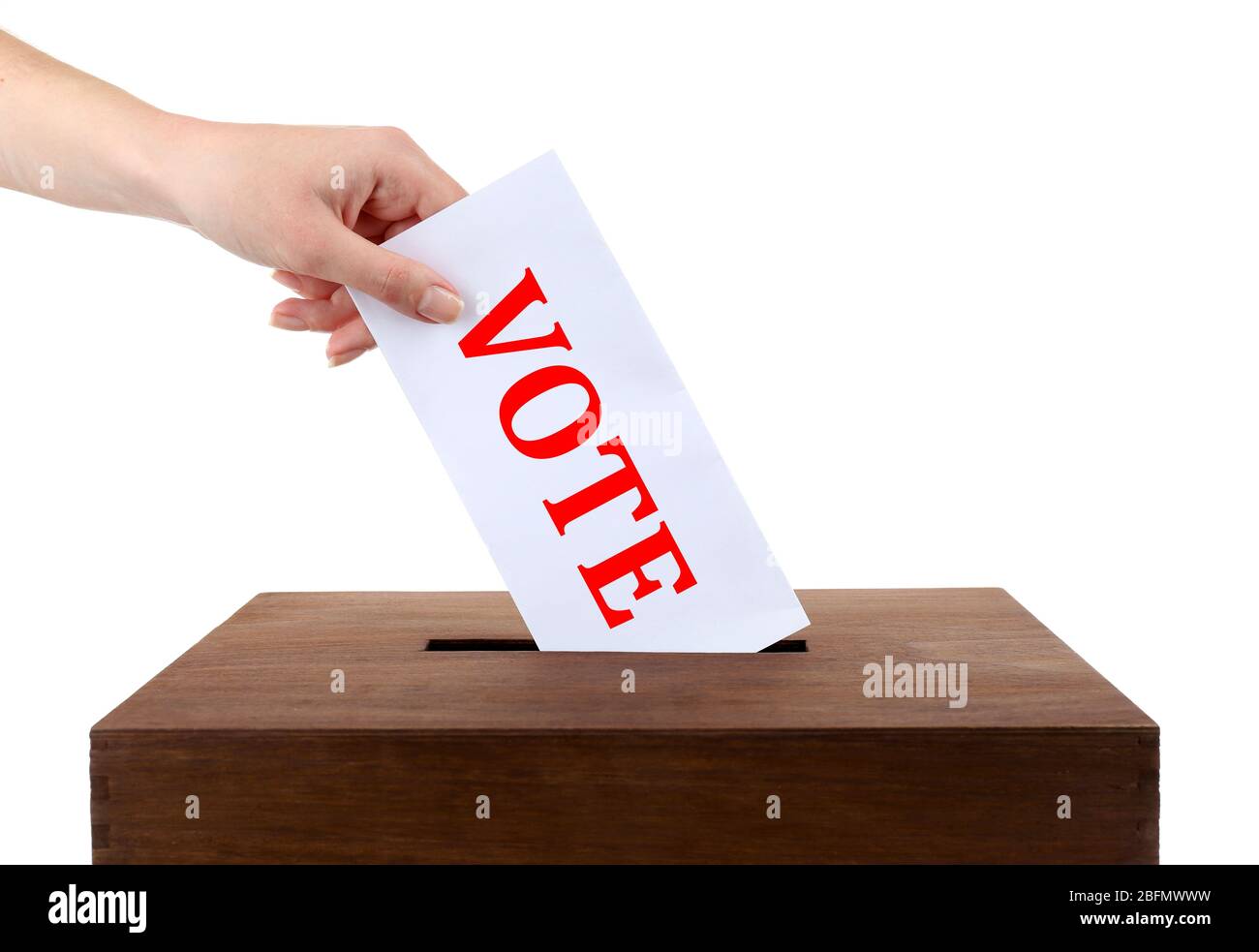 Human hand inserting bulletin in ballot box isolated on white Stock ...