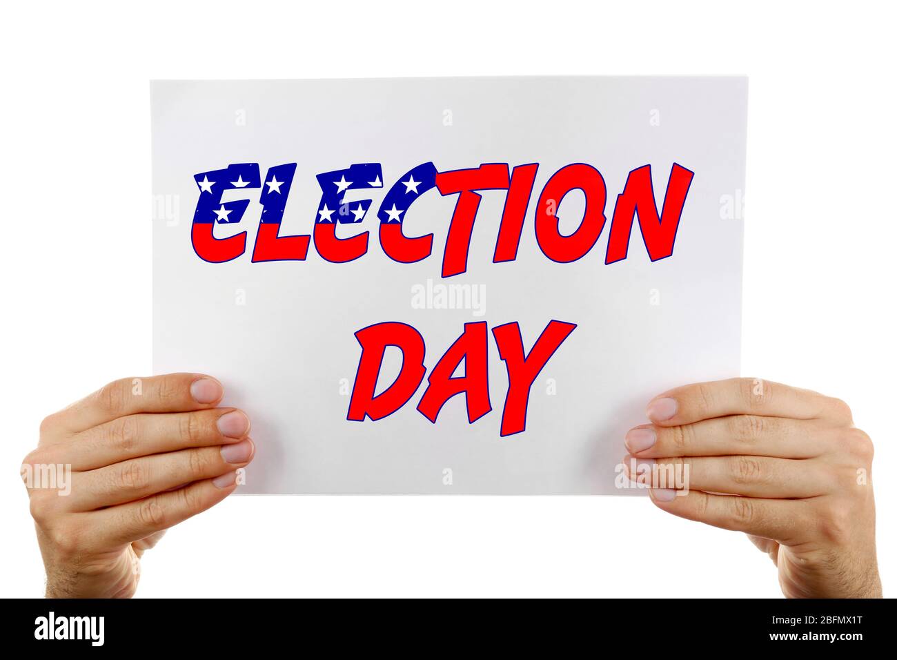 Hands holding card with Election Day text isolated on white Stock Photo ...