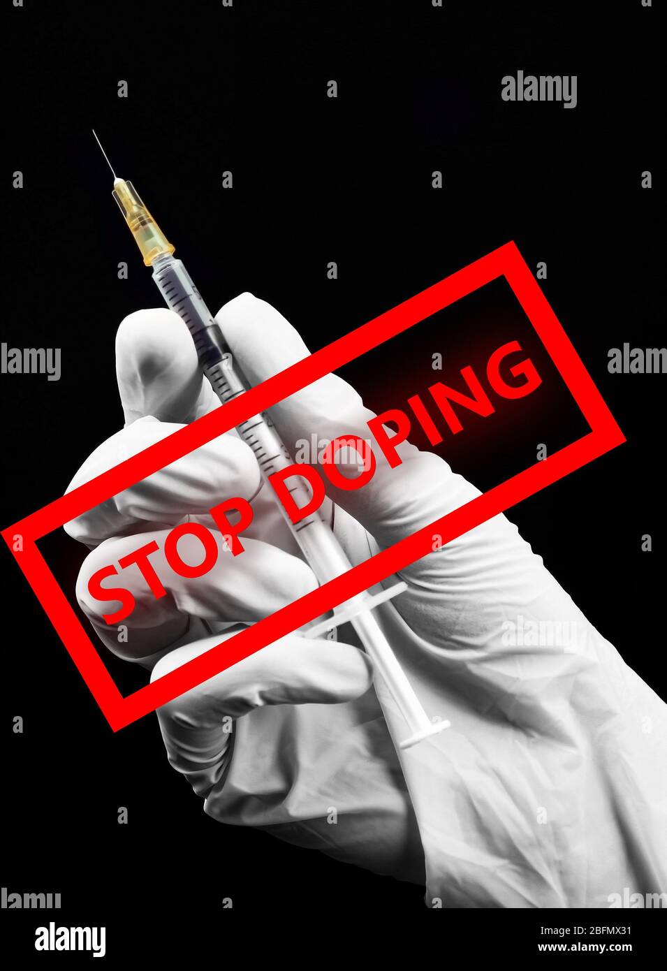 Stop doping concept. Hand in glove with syringe isolated on black Stock ...