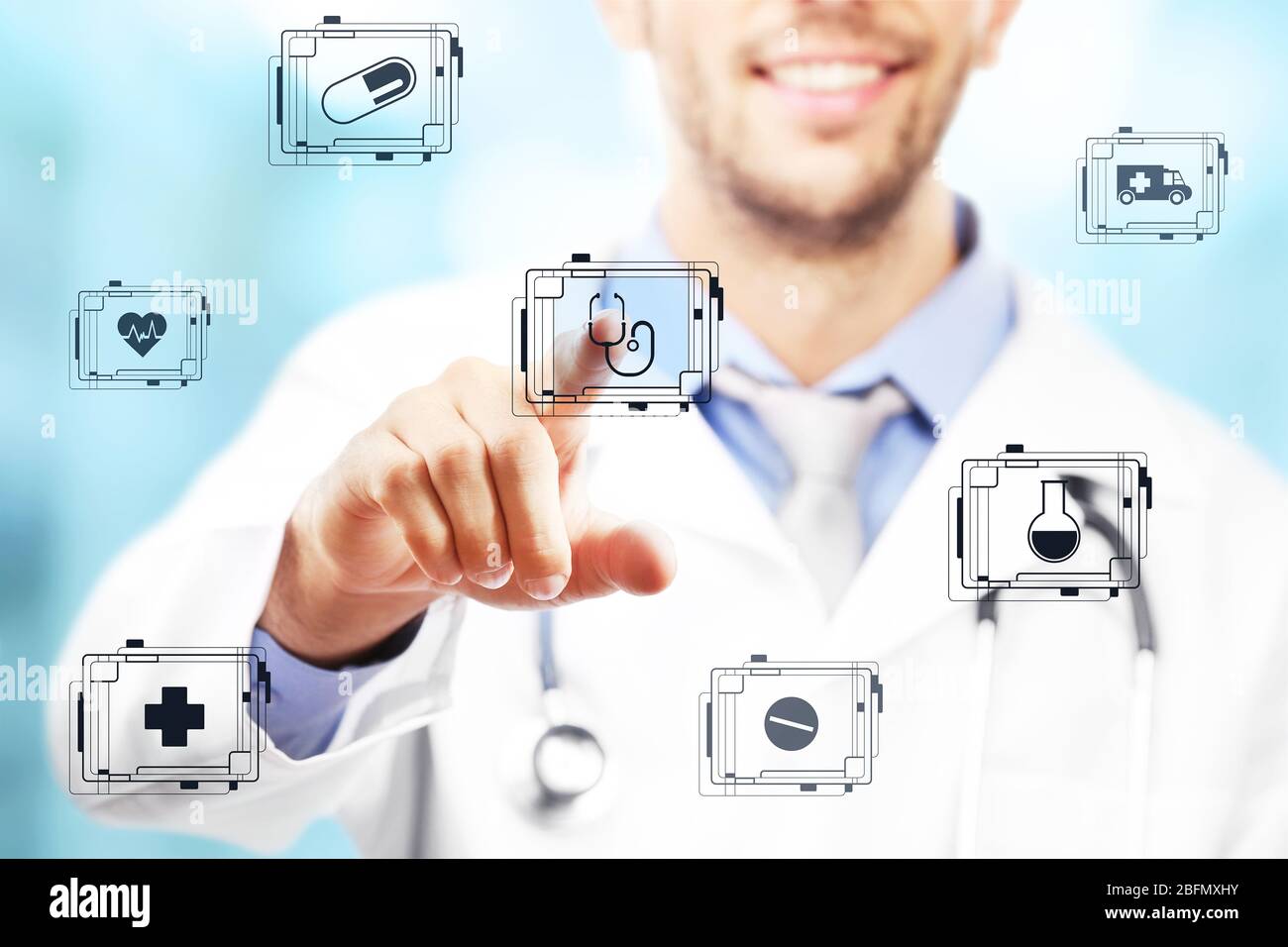 Doctor hand pushing button on virtual screen. Medical technology ...