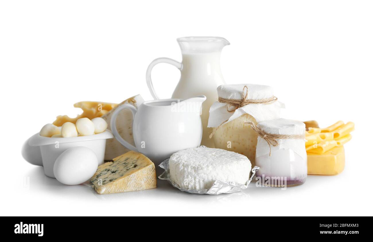 Set of fresh dairy products , isolated on white Stock Photo - Alamy