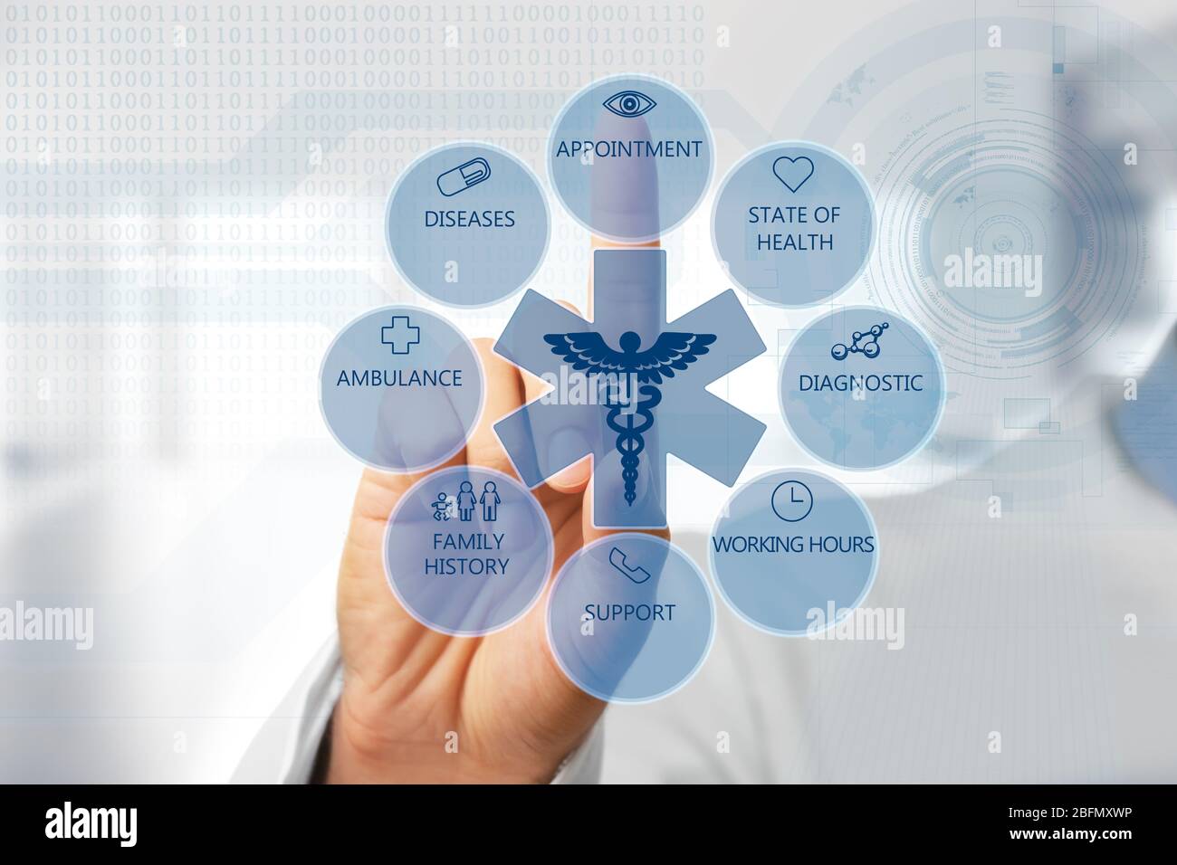 Doctor hand with medicine icons on virtual screen. Medical technology ...