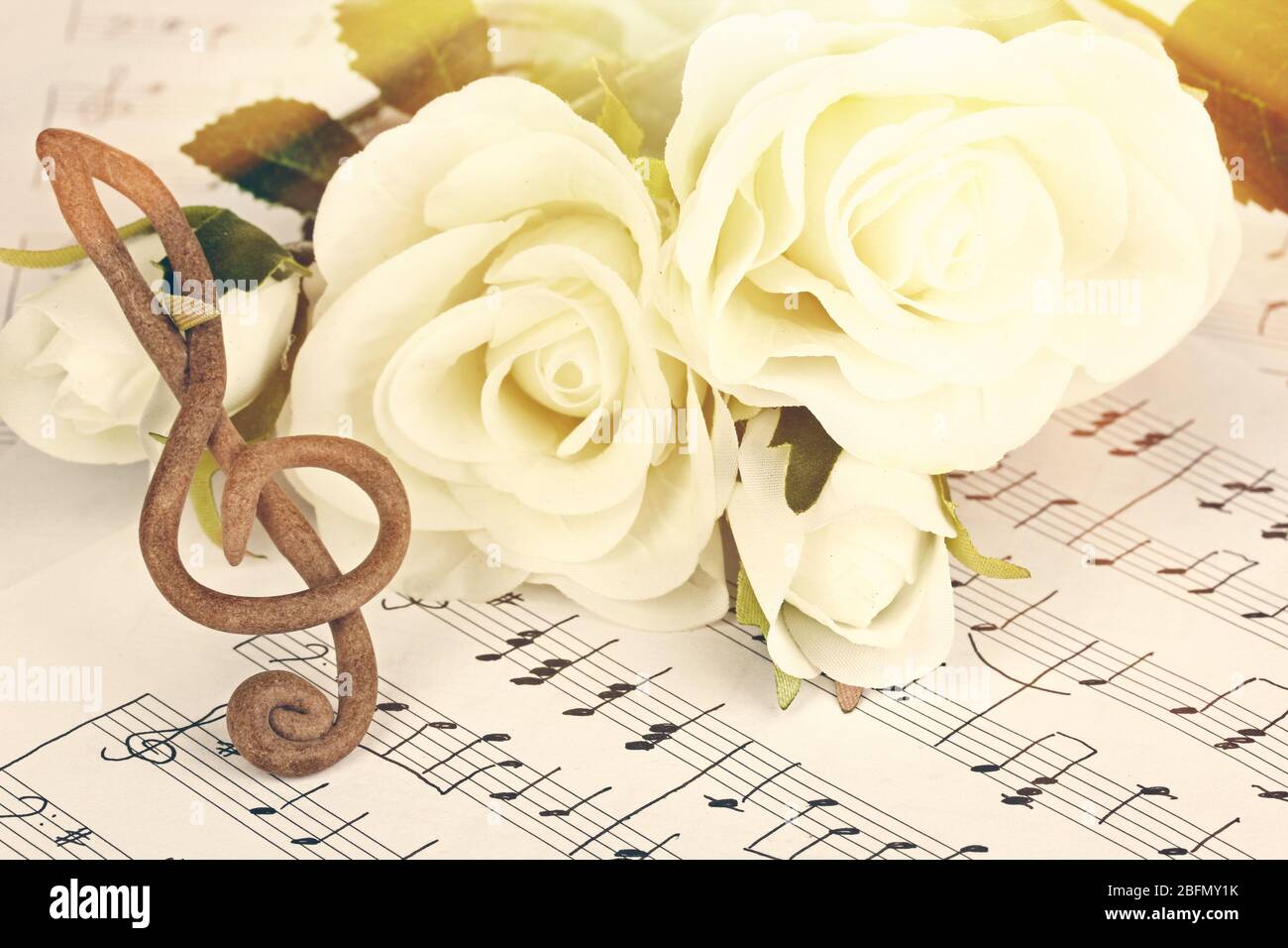 Treble clef and roses on music notes background. Retro style Stock ...