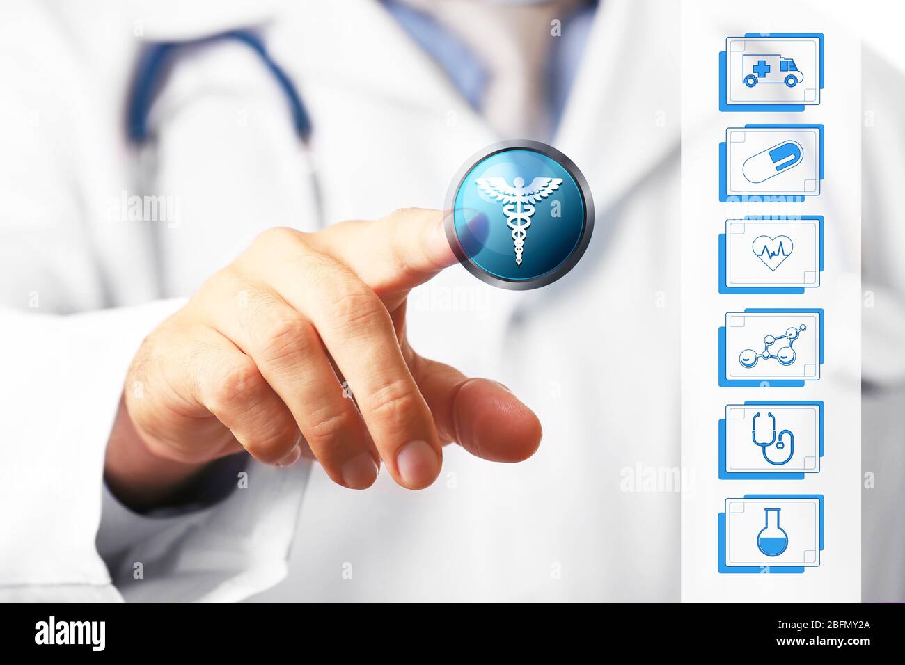 Doctor hand pushing button on virtual screen. Medical technology ...