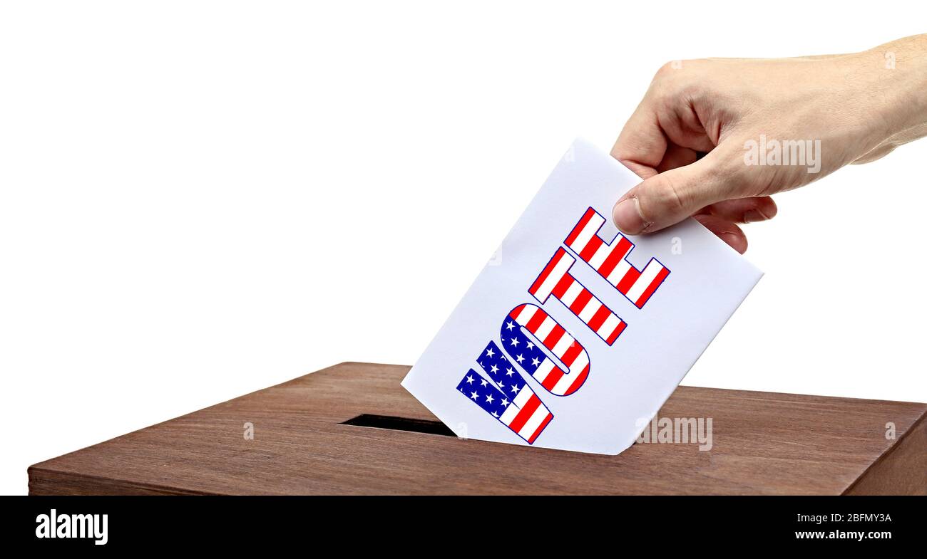 Human hand inserting bulletin in ballot box isolated on white Stock ...