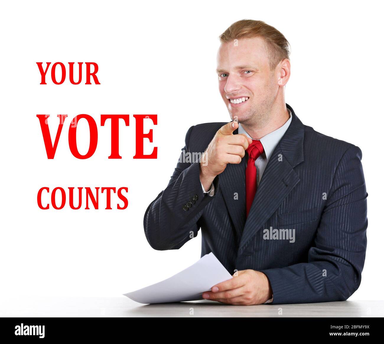 TV anchor preparing for telling and Your Vote Counts text isolated on ...