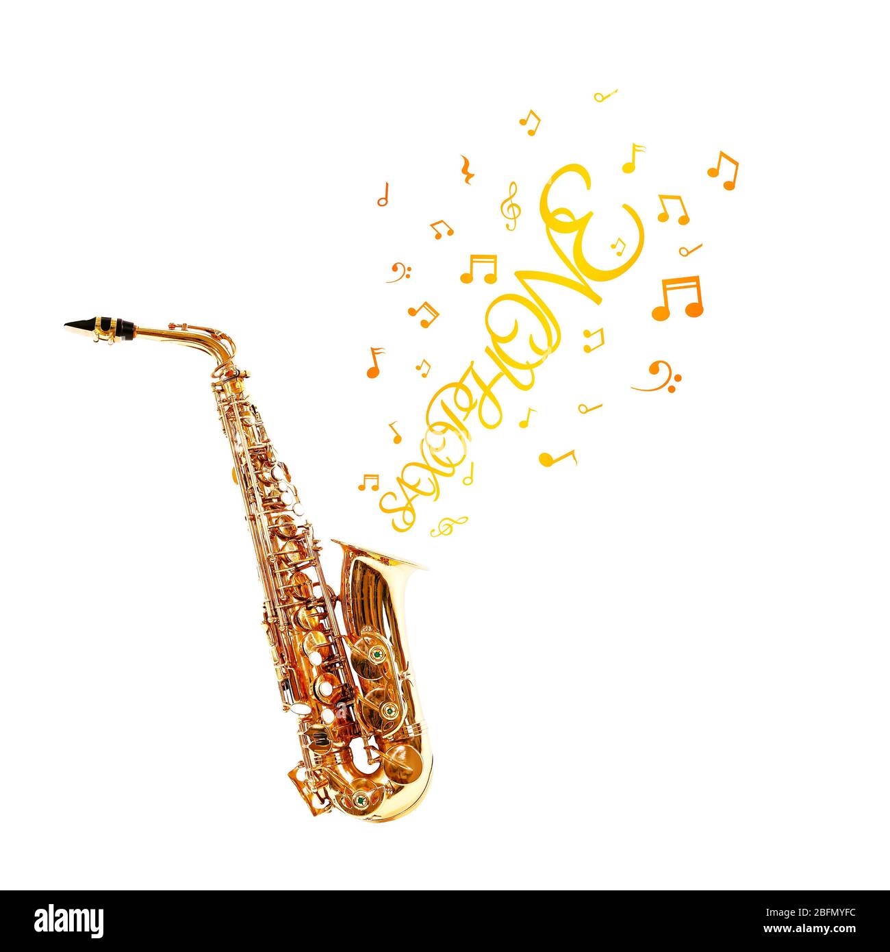 Golden saxophone and notes coming out isolated on white Stock Photo - Alamy