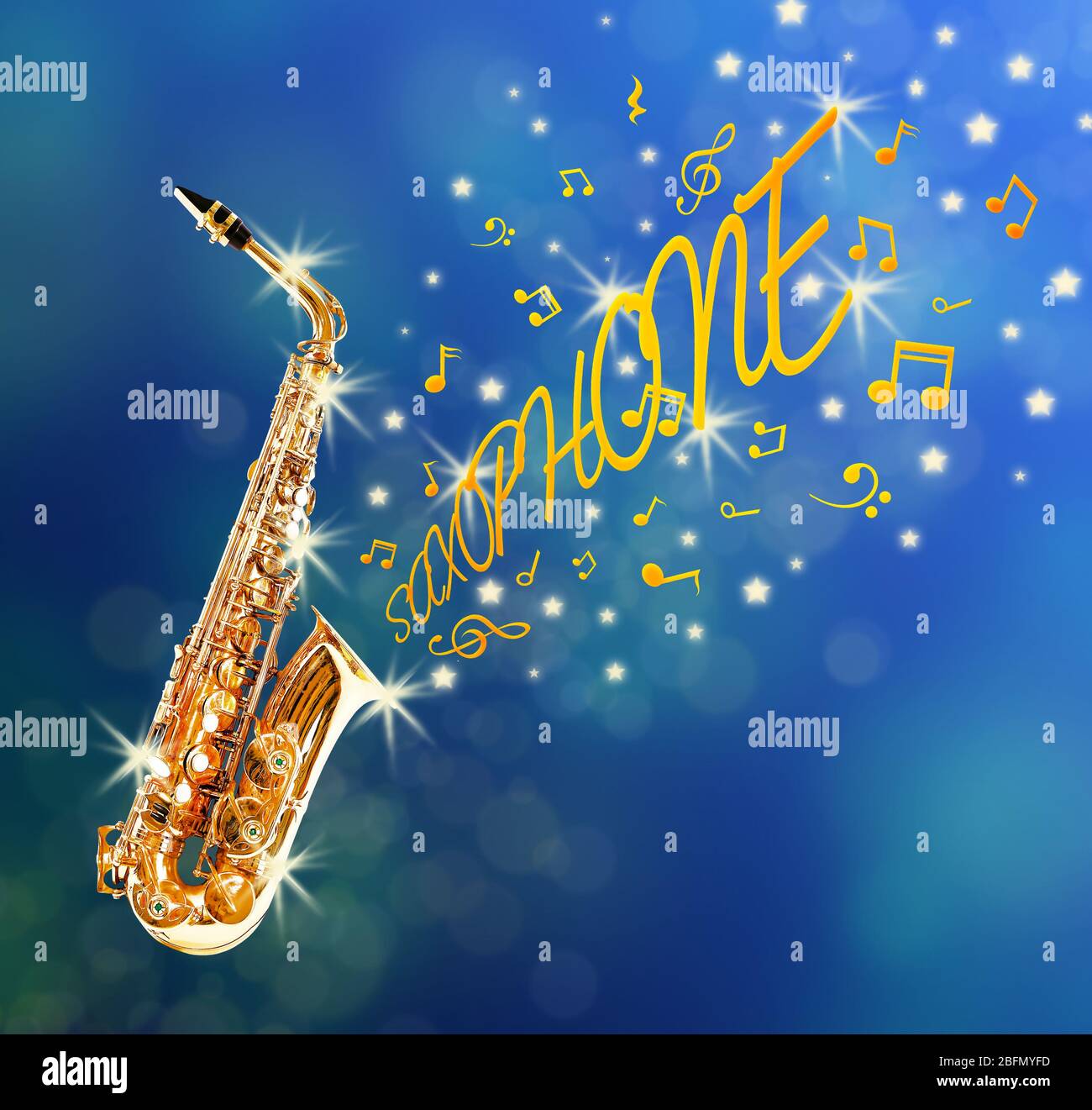 Saxophone and notes coming out against blue background Stock Photo - Alamy