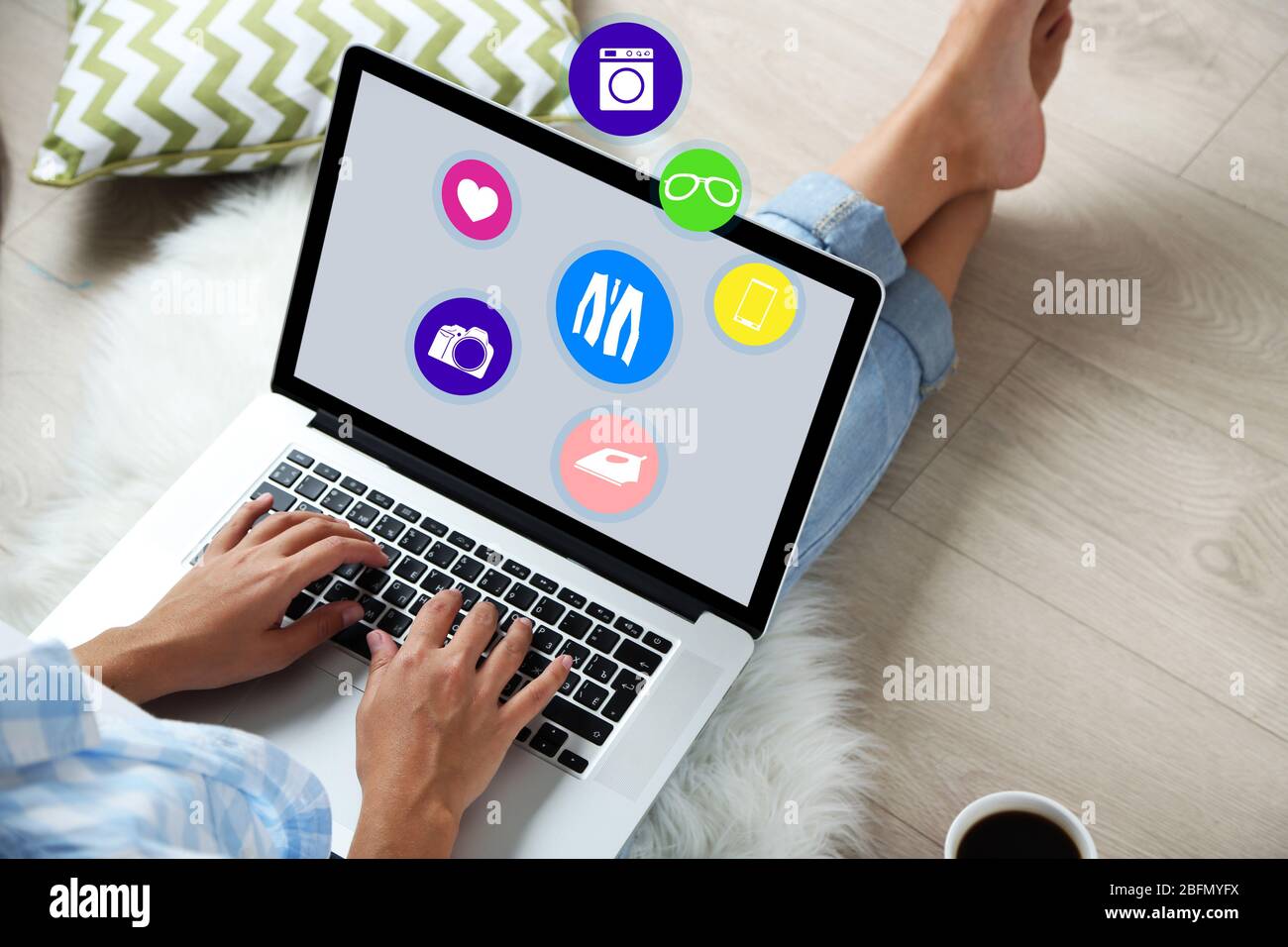 Online shopping. Woman working with laptop at home Stock Photo - Alamy