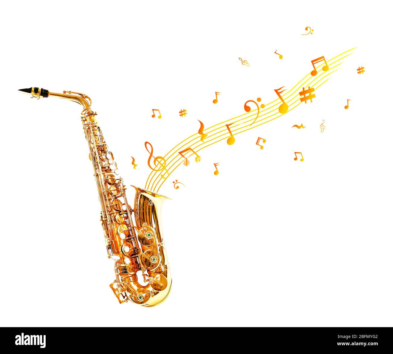 Golden saxophone and notes isolated on white Stock Photo - Alamy