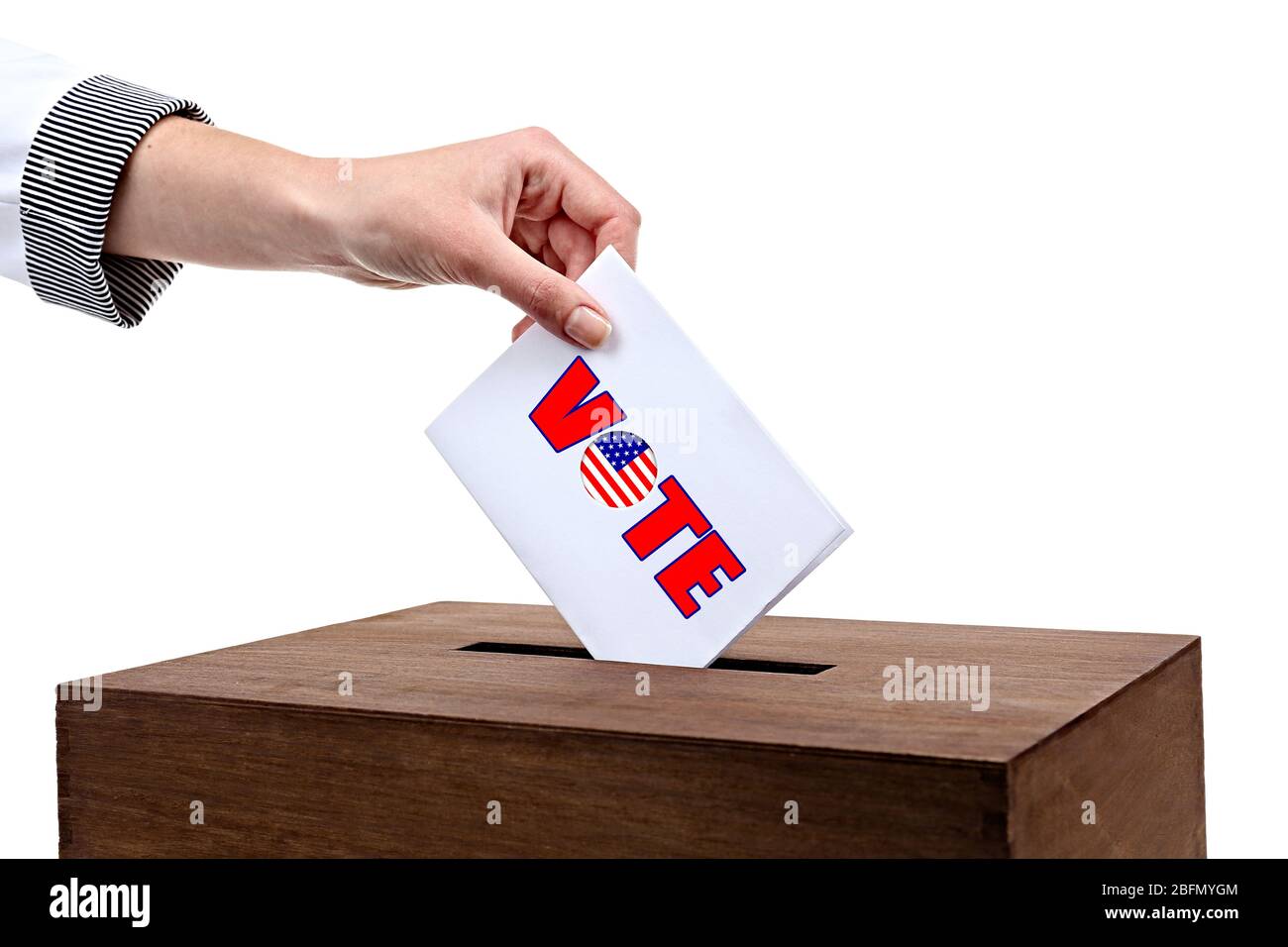 Human hand inserting bulletin in ballot box isolated on white Stock ...