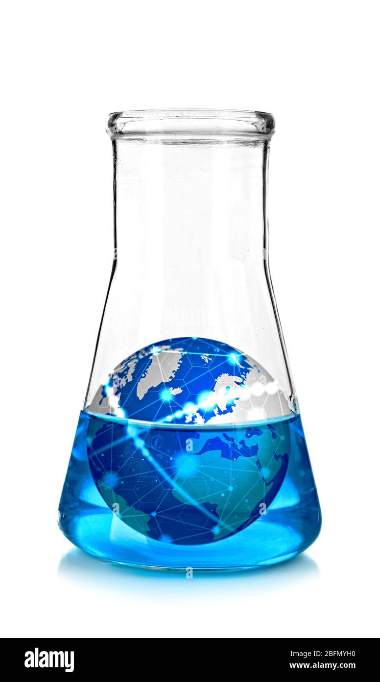 Flask with blue fluid and small Earth planet inside isolated on white ...