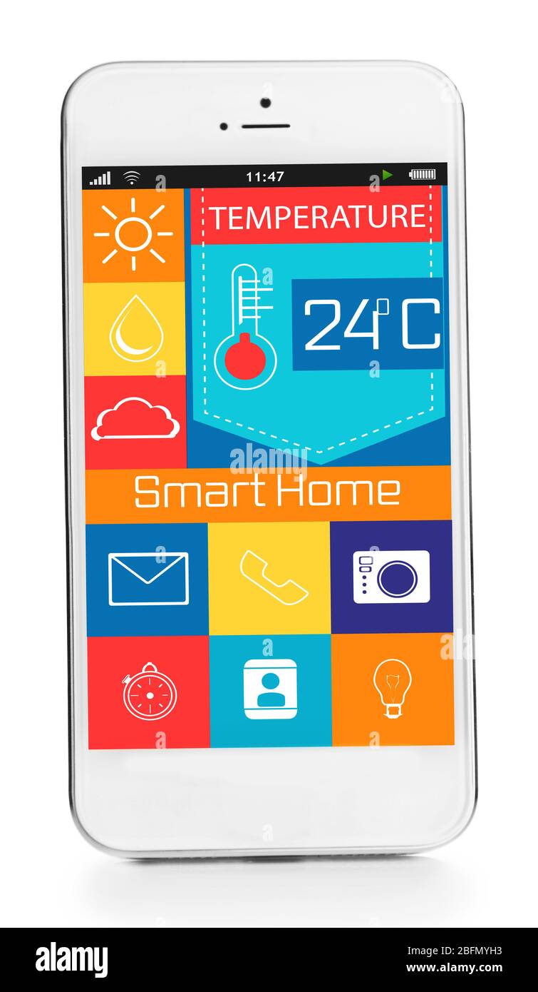 Smart home app installing on phone. Smart home control concept Stock ...