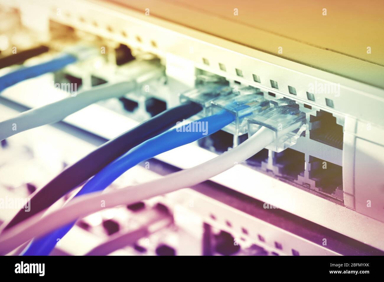 Telecommunication ethernet cables connected to Internet switch. Data center concept Stock Photo ...