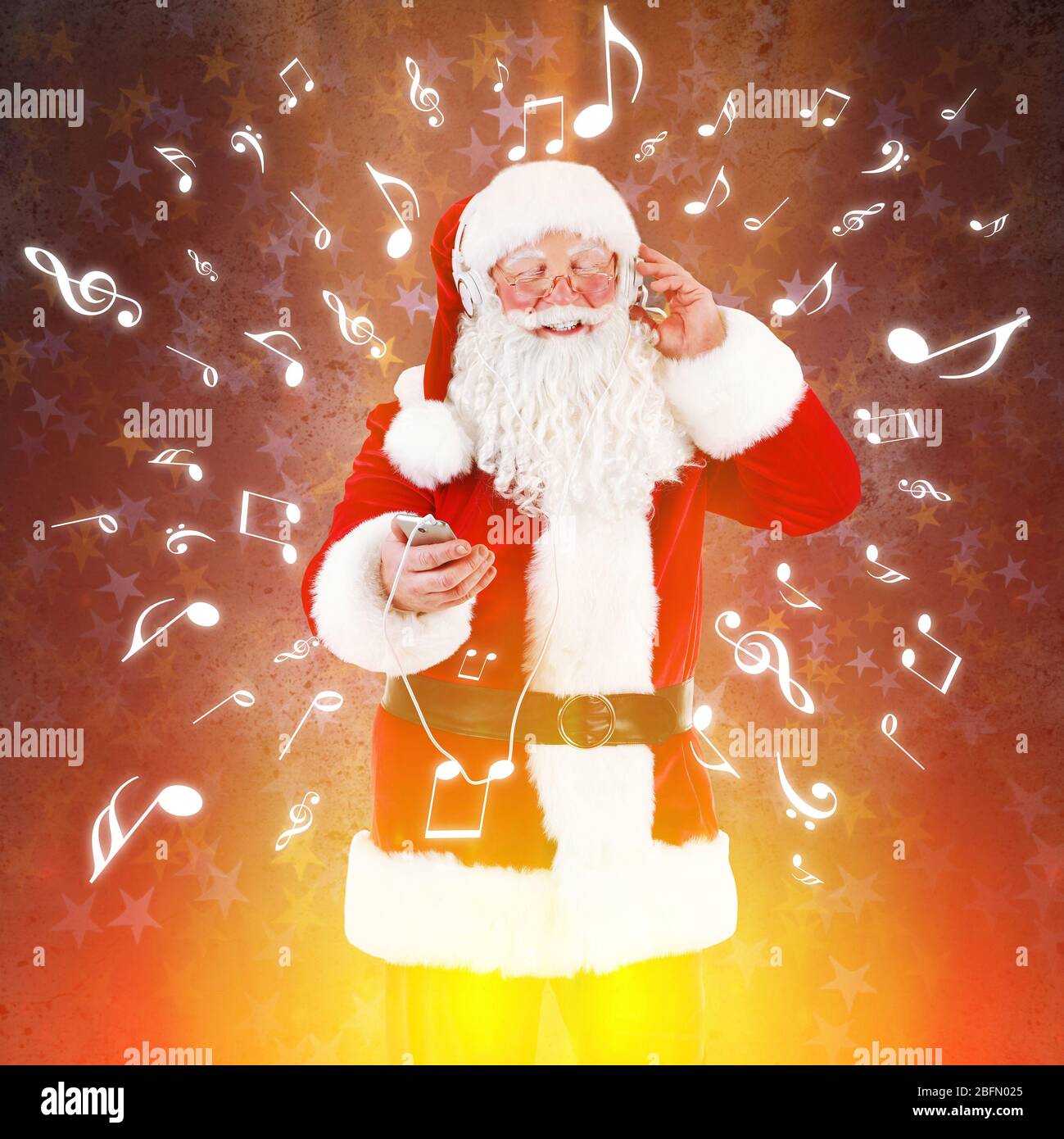 Santa Claus listening to music against abstract musical background ...