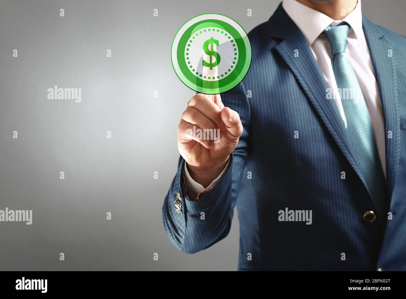 Businessman pressing business type of modern buttons with virtual ...