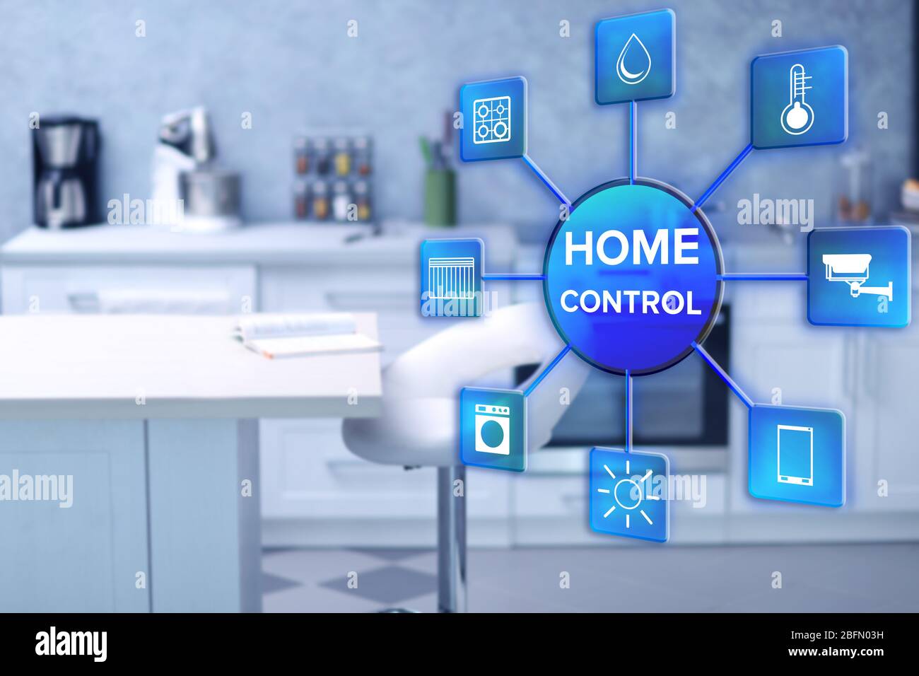 Smart home control concept. Modern kitchen interior with white ...