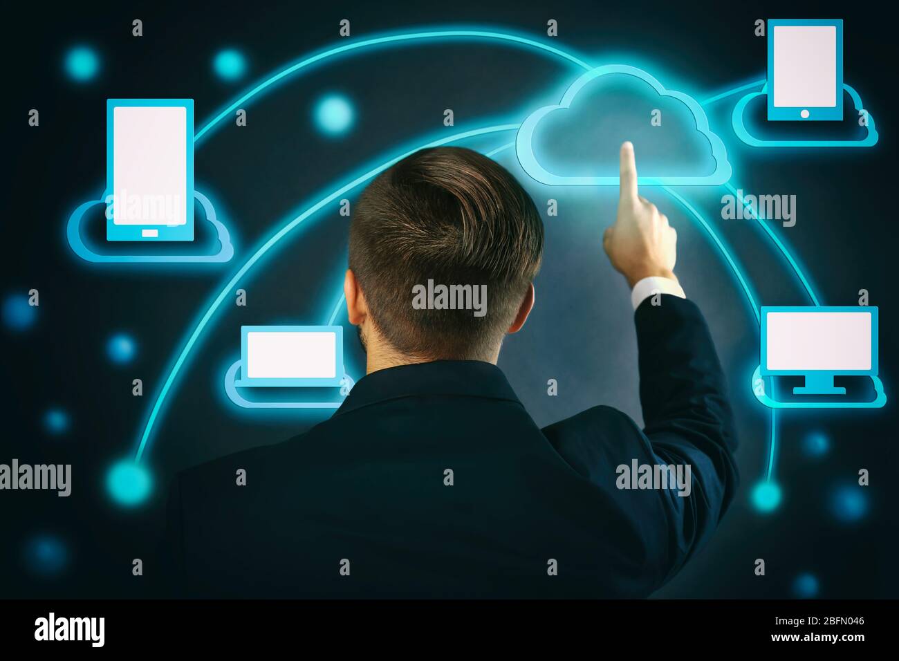 Man pushing touch cloud computing button on virtual screen Stock Photo ...