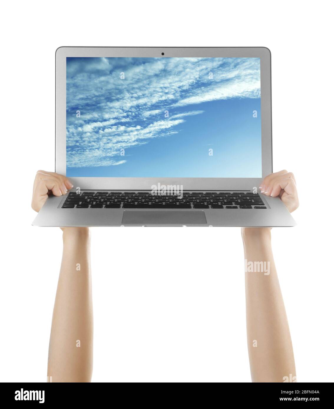 Hands holding laptop, isolated on white. Cloud storage concept Stock ...