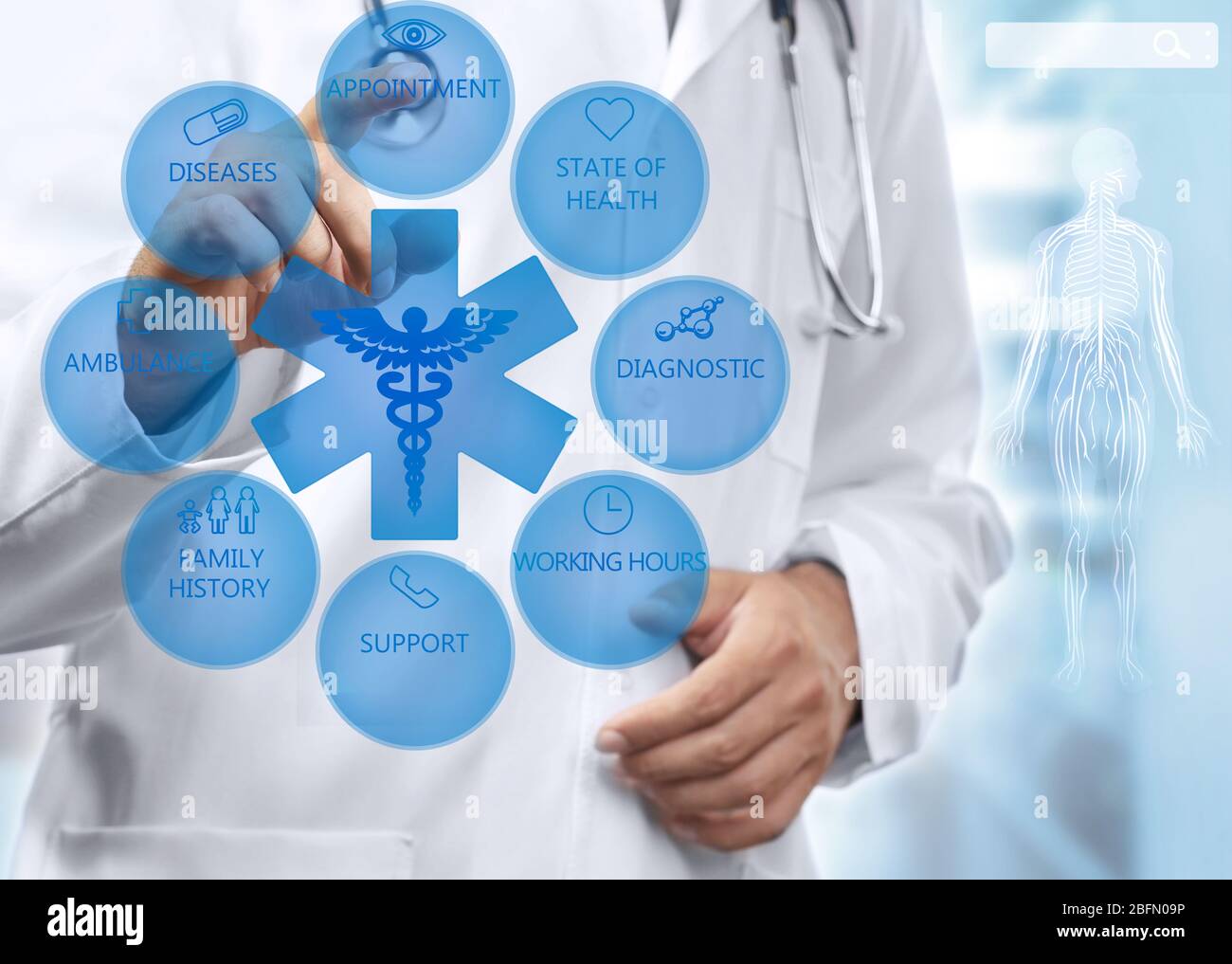 Doctor hands pushing button on virtual screen. Medical technology ...