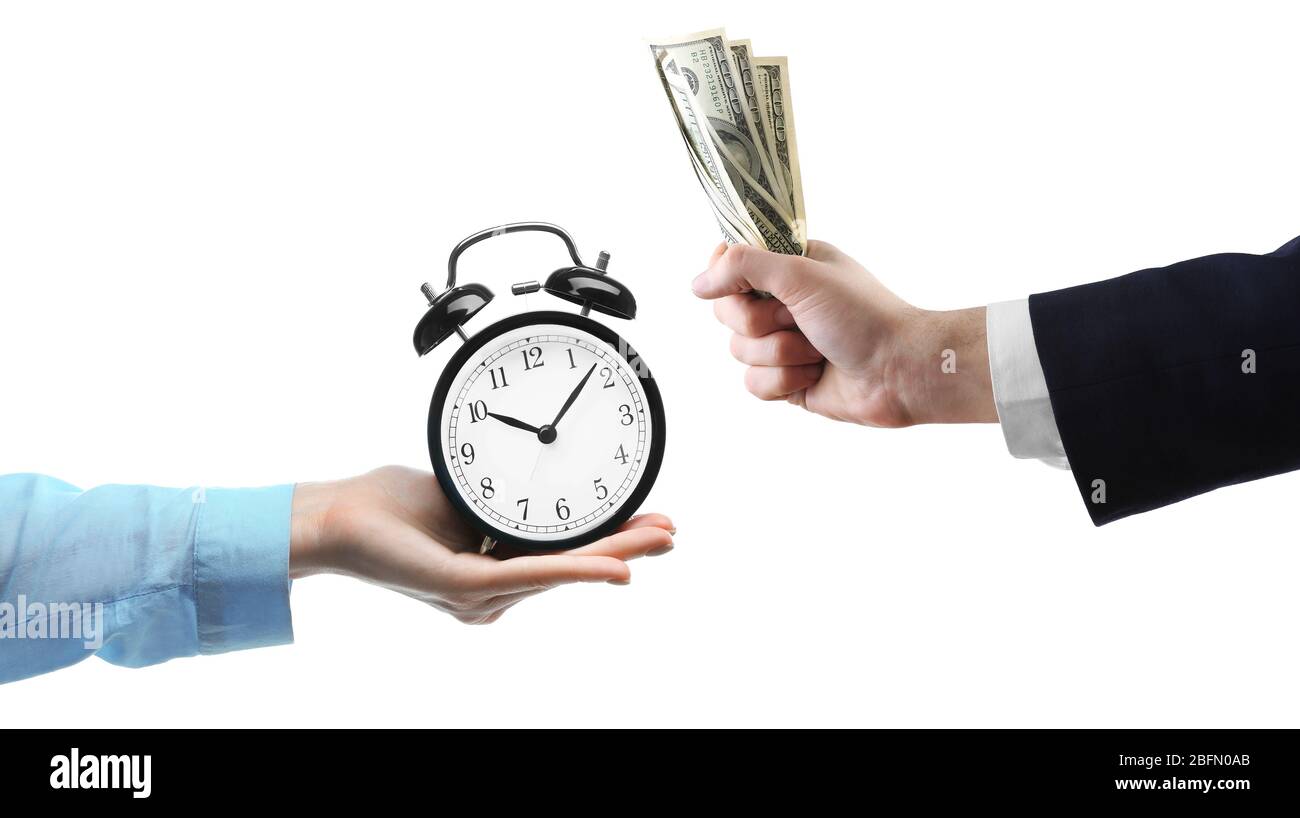 Time is money. Buying time. Hand with money and hand with alarm-clock ...