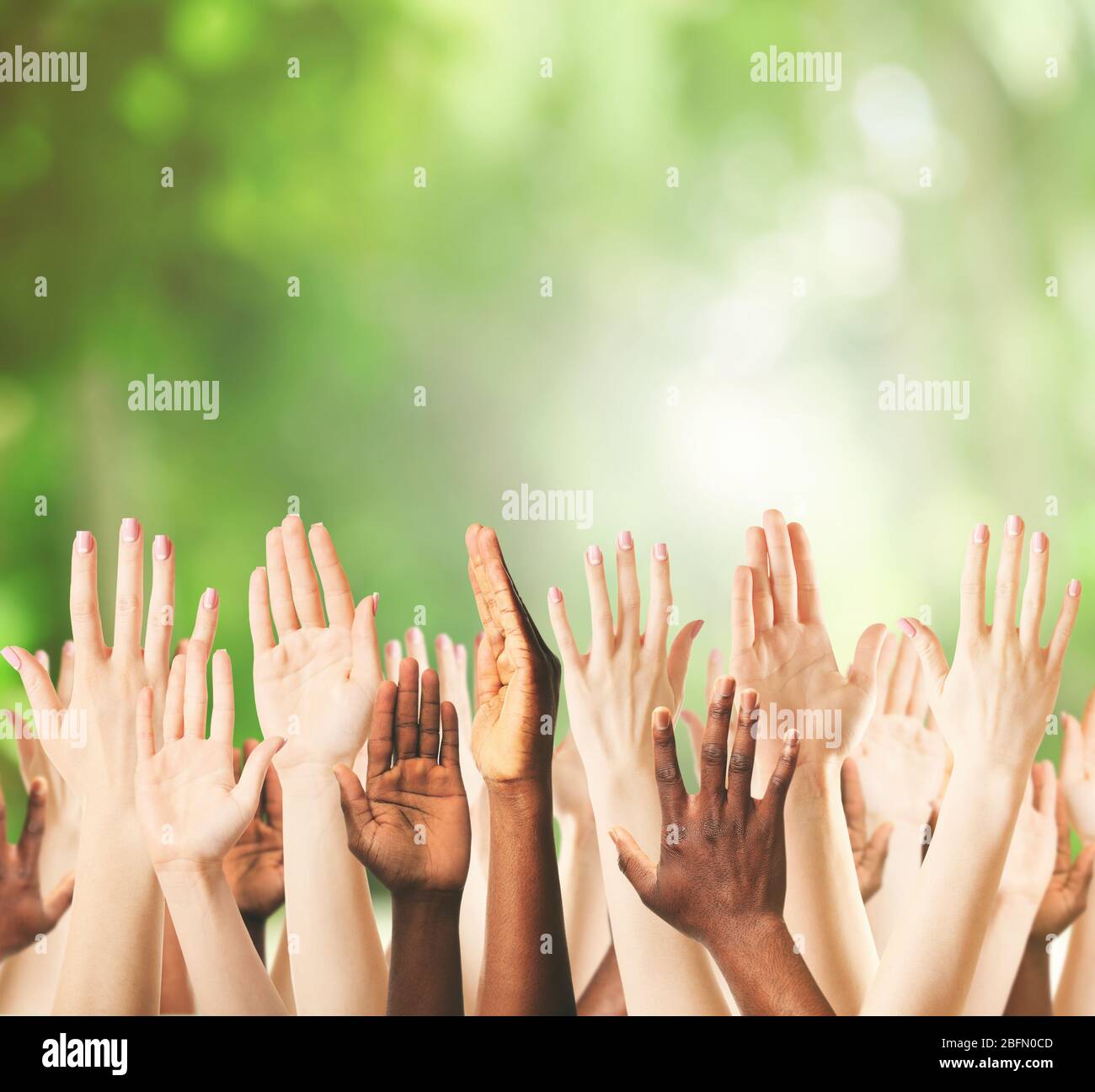 Crowd raising hands on green blurred nature background Stock Photo - Alamy